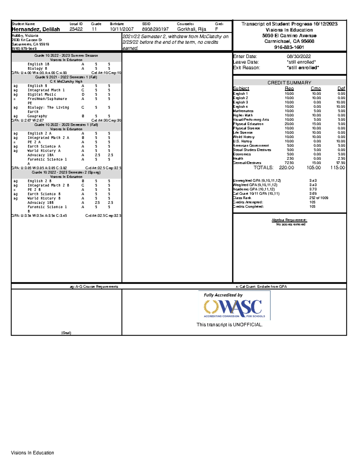 Transcript Printout - For free - Student Name Local ID Grade Birthdate ...