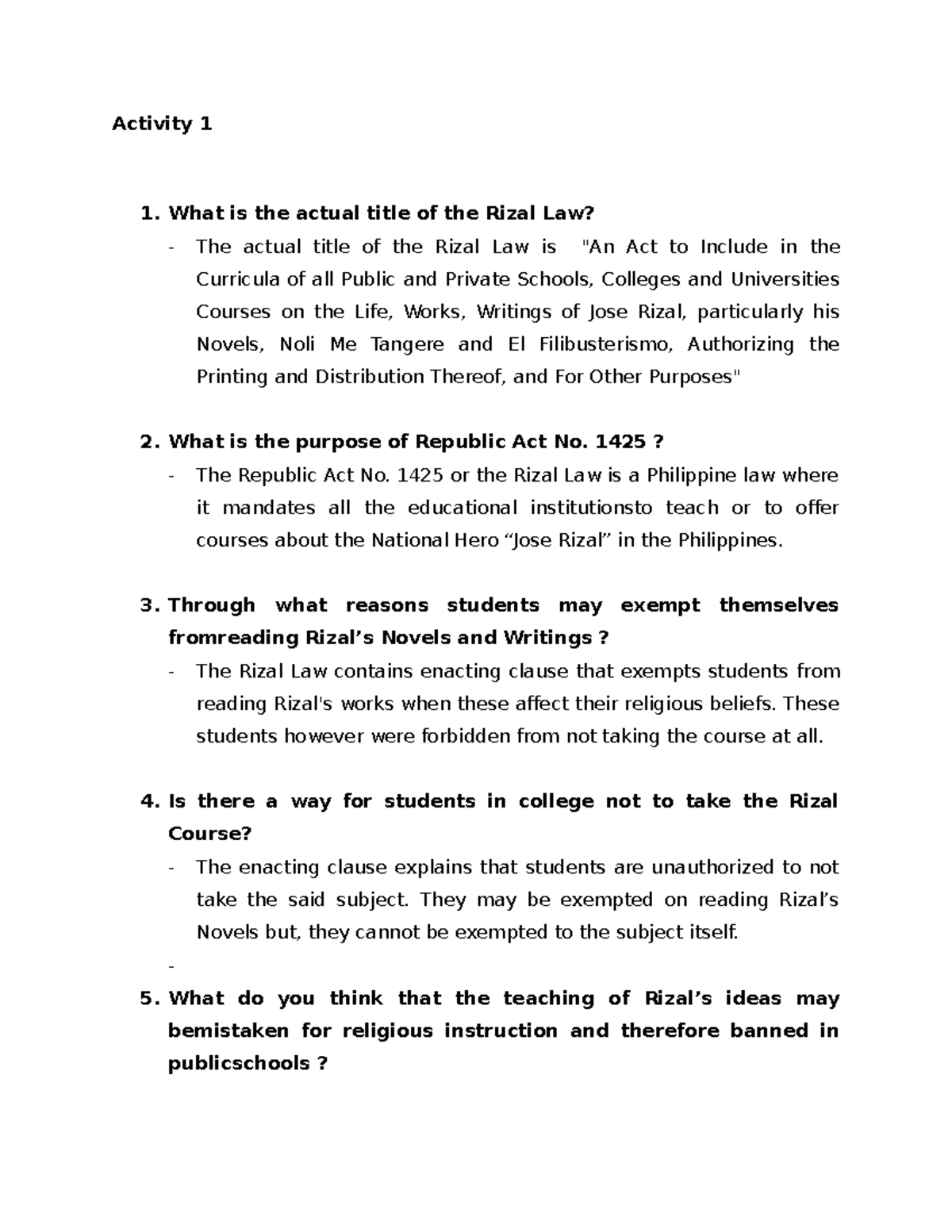 M1-4 - Chapters 1- 4 - Activity 1 What is the actual title of the Rizal ...