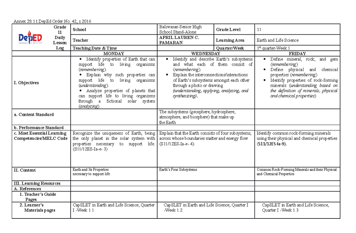 ELS Q1W1 DLL- April- Pamaran-2023-2024 - Annex 28 t DepEd Order No. 42 ...