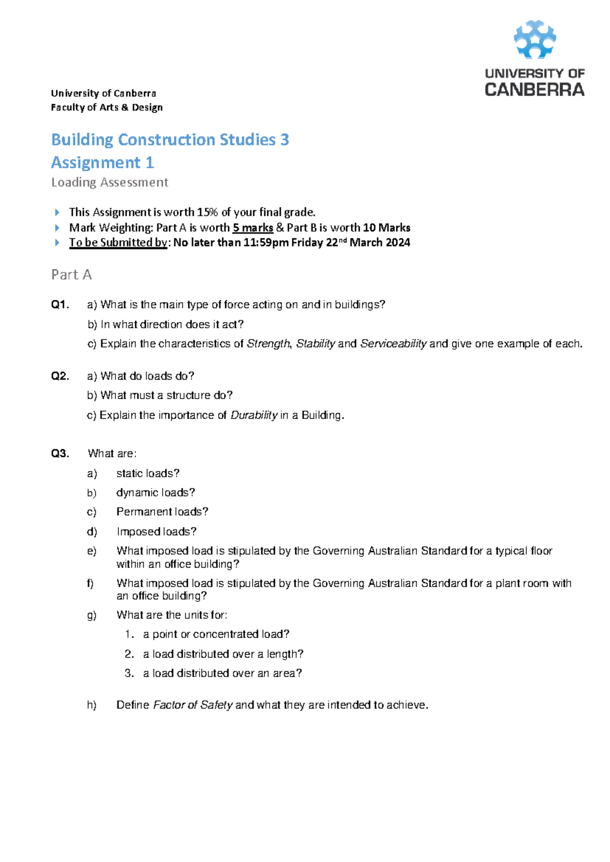Assignment 1 Loading Assessment (2024-Semester 1)-1 - University of ...