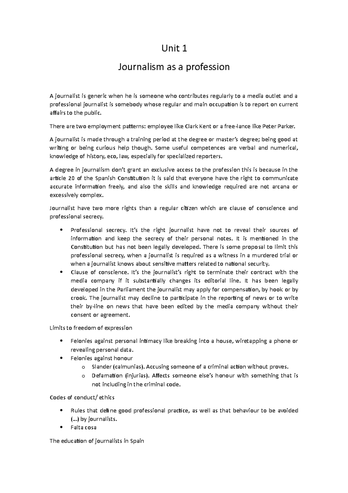 Comunicación periodística inglés - Unit 1 Journalism as a profession A ...