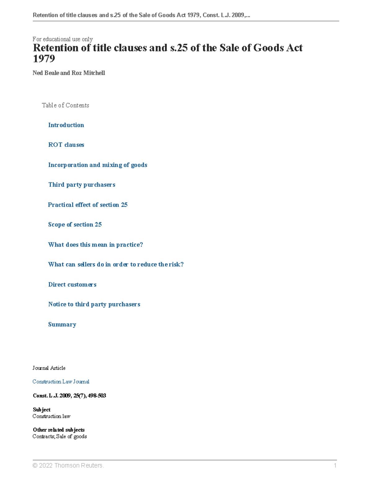 Beale and Mitchell, Retention of title clauses and s.25 of the Sale of ...