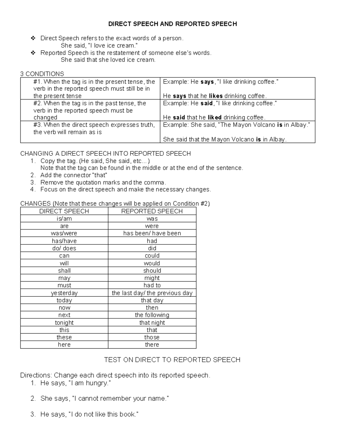 TEST ON Direct Reported Speech - DIRECT SPEECH AND REPORTED SPEECH ...