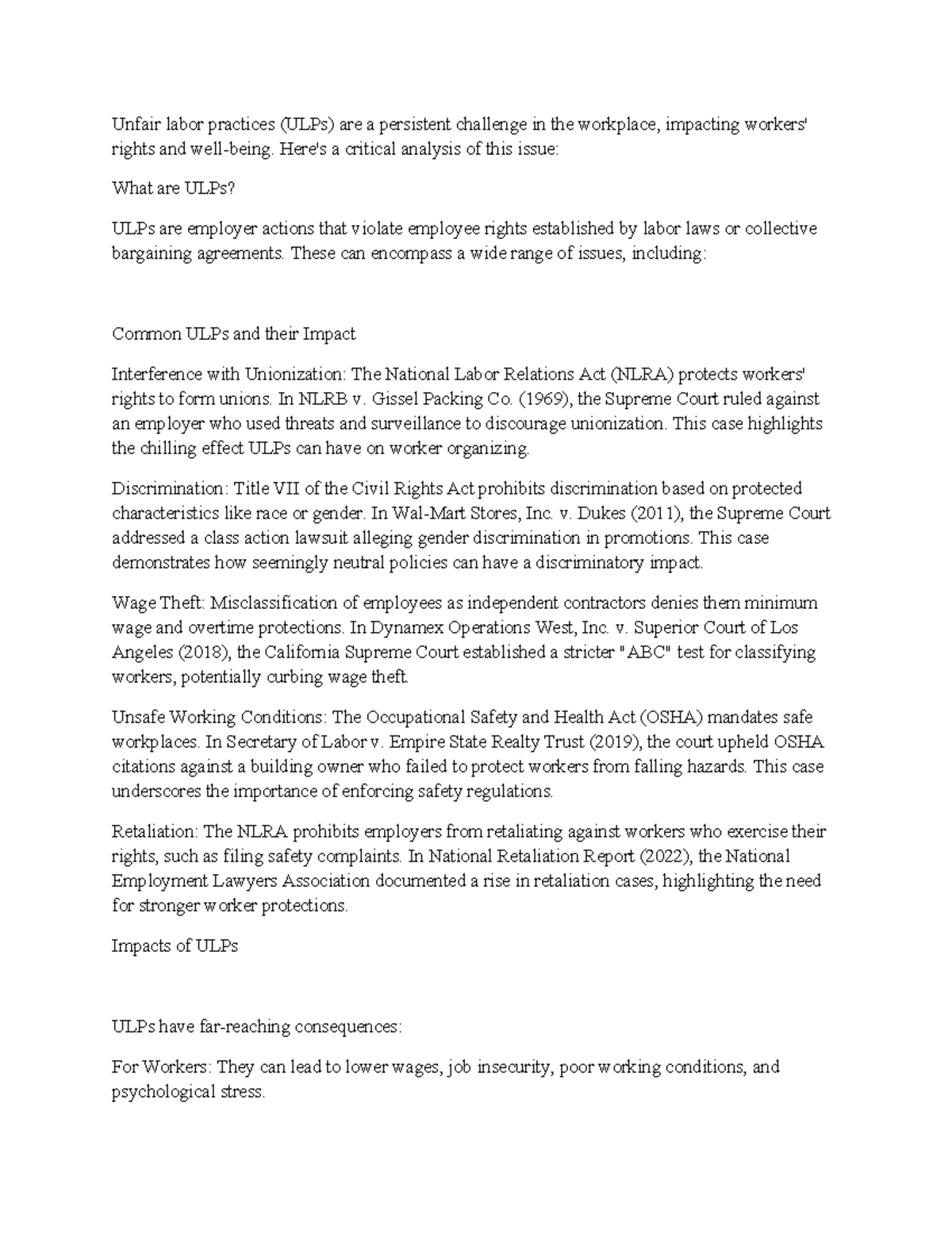 Unfair labor practices - Here's a critical analysis of this issue: What ...