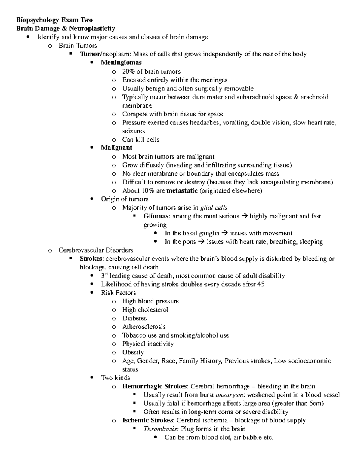 Exam Two Study Guide - Biopsychology Exam Two Brain Damage ...