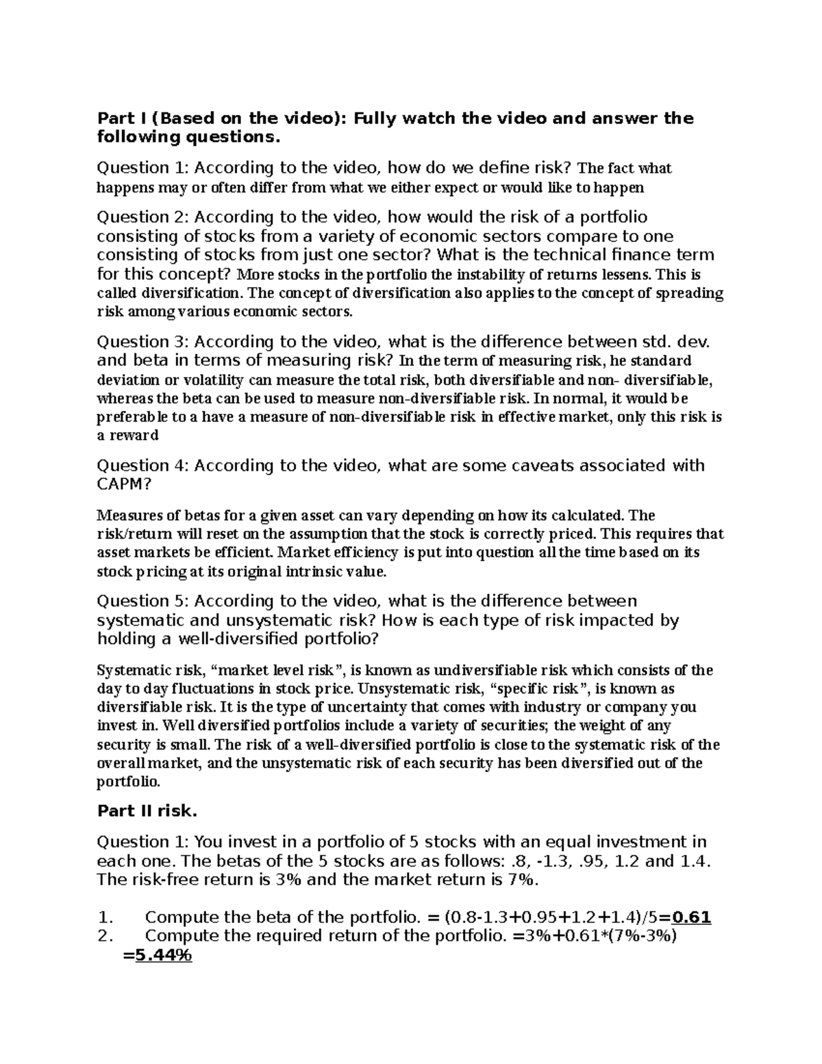 Risk assignment - homework - Part I (Based on the video): Fully watch ...
