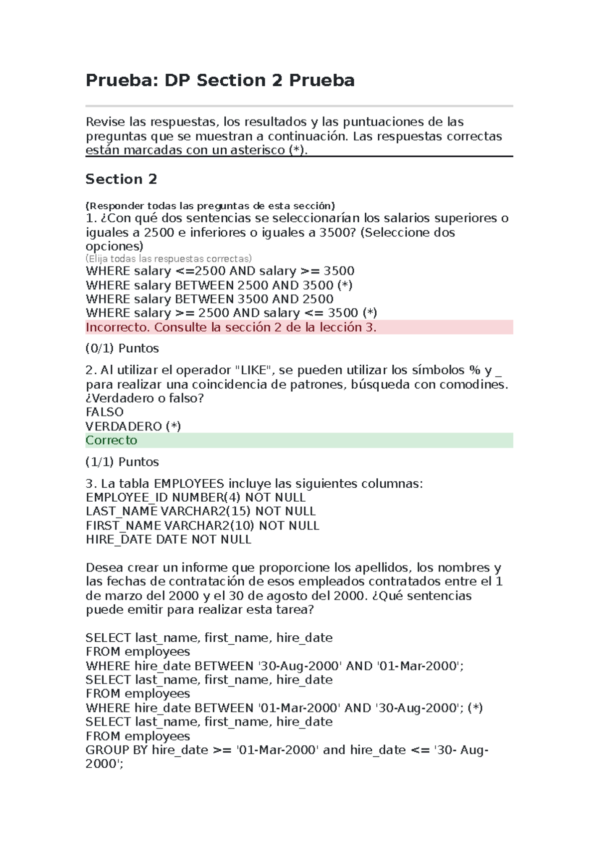 Prueba 2 - ORACLE - Prueba: DP Section 2 Prueba Revise las respuestas, los resultados y las ...