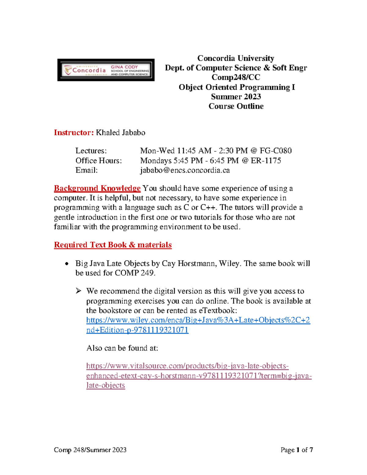 Comp248-Course Outline - Concordia University Dept. of Computer Science & Soft Engr Comp 248 /CC ...