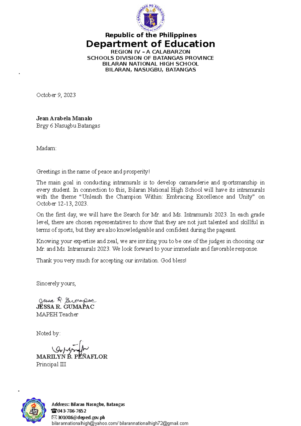 Invitation Letter to Ms Marinella - Address: Bilaran Nasugbu, Batangas ...