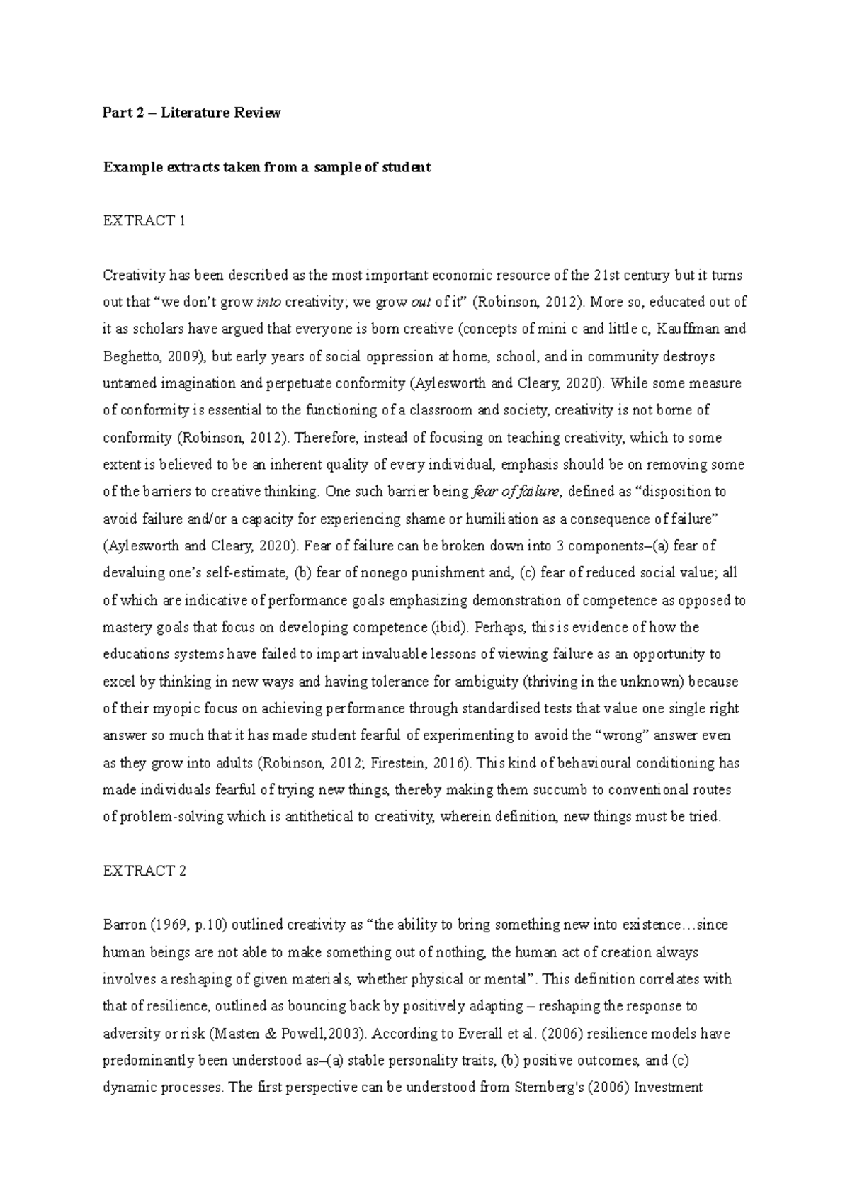 PART 2 Example Extracts literature review - Part 2 – Literature Review ...