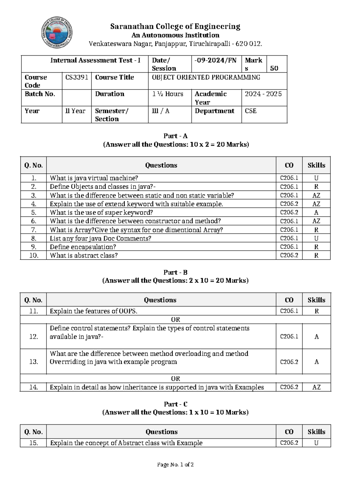 CS3391 OOPS IA - good - Saranathan College of Engineering An Autonomous ...