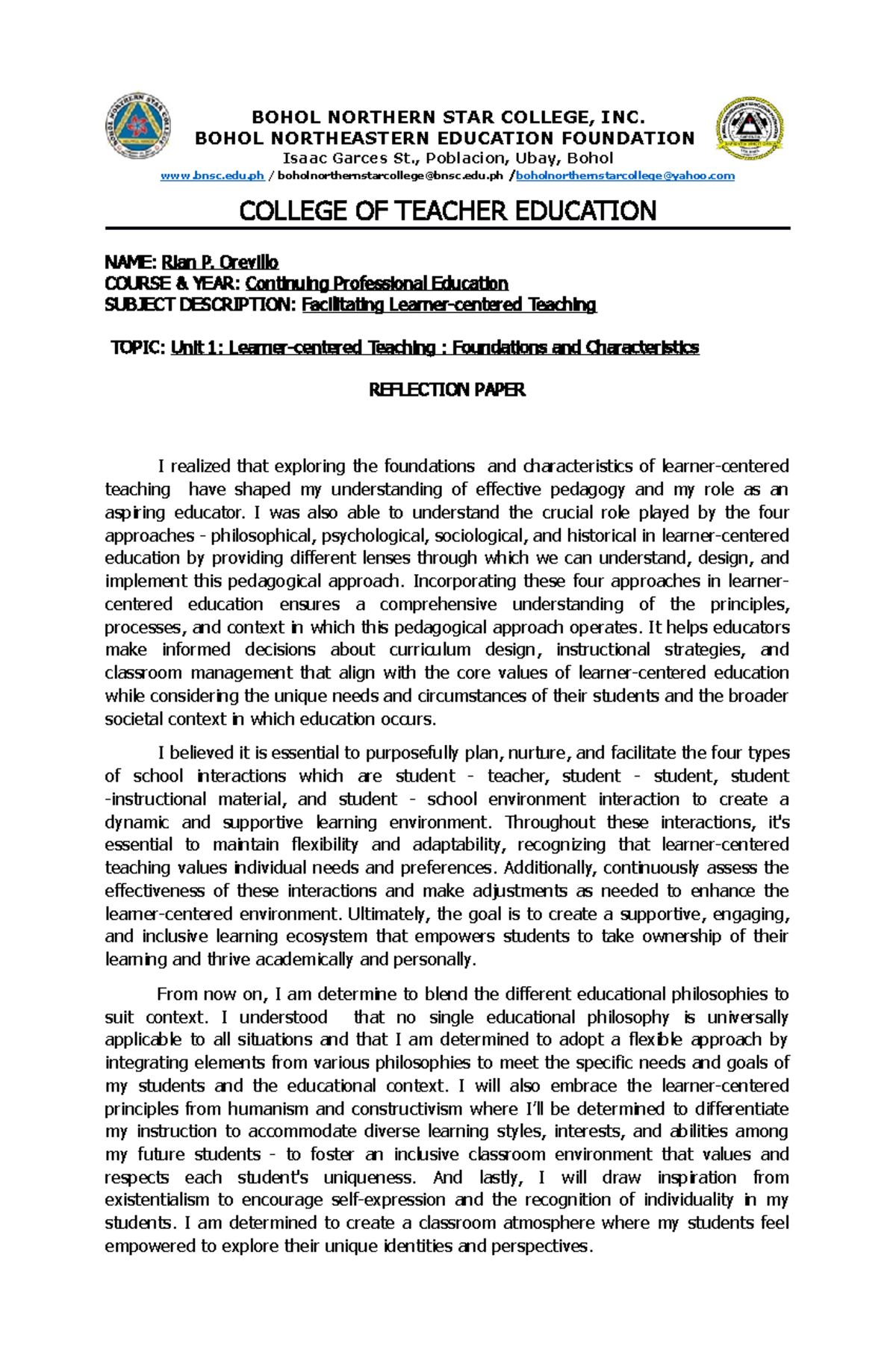 EDUC 2A reflection paper unit 1 - BOHOL NORTHERN STAR COLLEGE, INC. BOHOL NORTHEASTERN EDUCATION ...