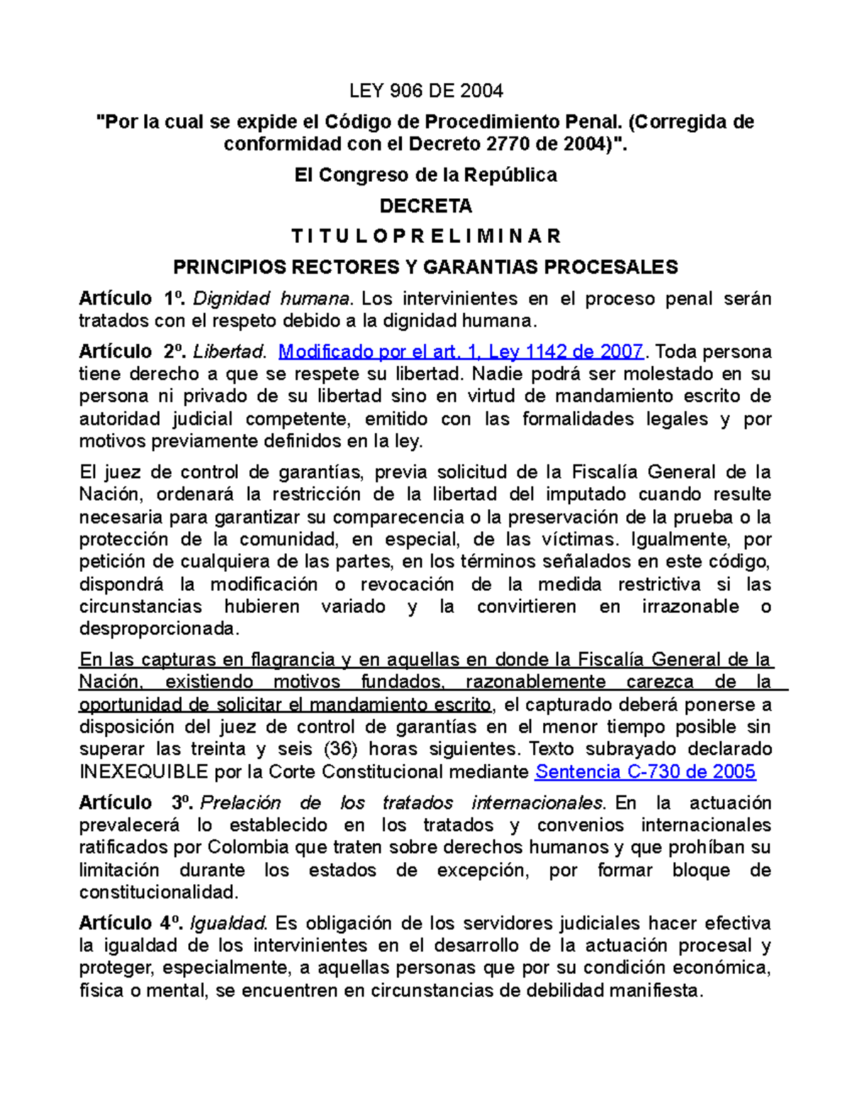 Ley 906 2004 Codigo de procedimiento penal - LEY 906 DE 2004 "Por la ...
