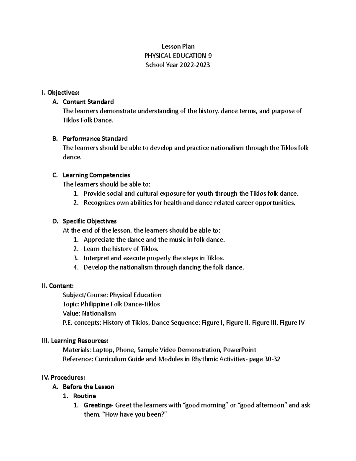 Sample-Lesson-Plan - Lesson Plan PHYSICAL EDUCATION 9 School Year 2022 ...