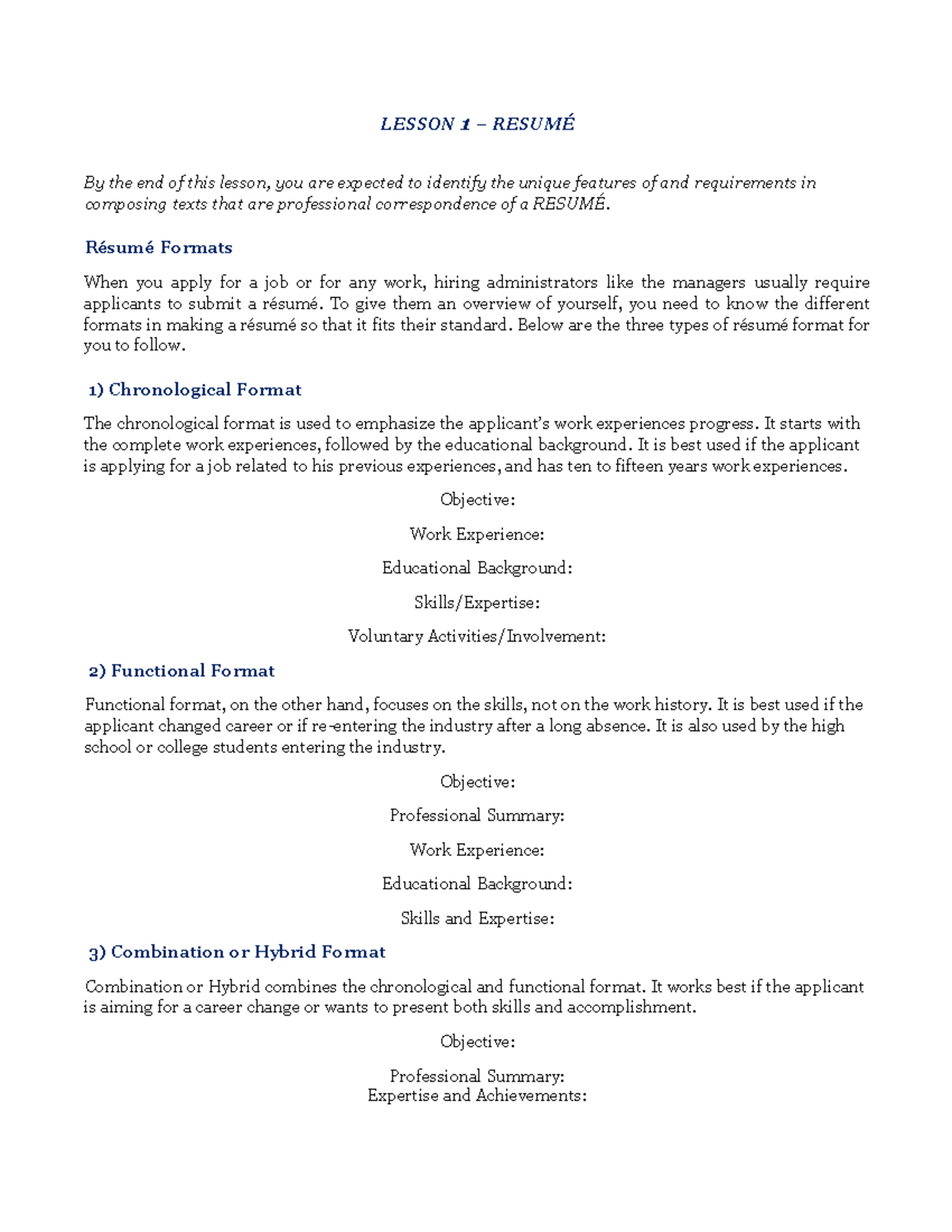 RWS- Q2 COPY OF Lessons - LESSON 1 – RESUMÉ By the end of this lesson ...