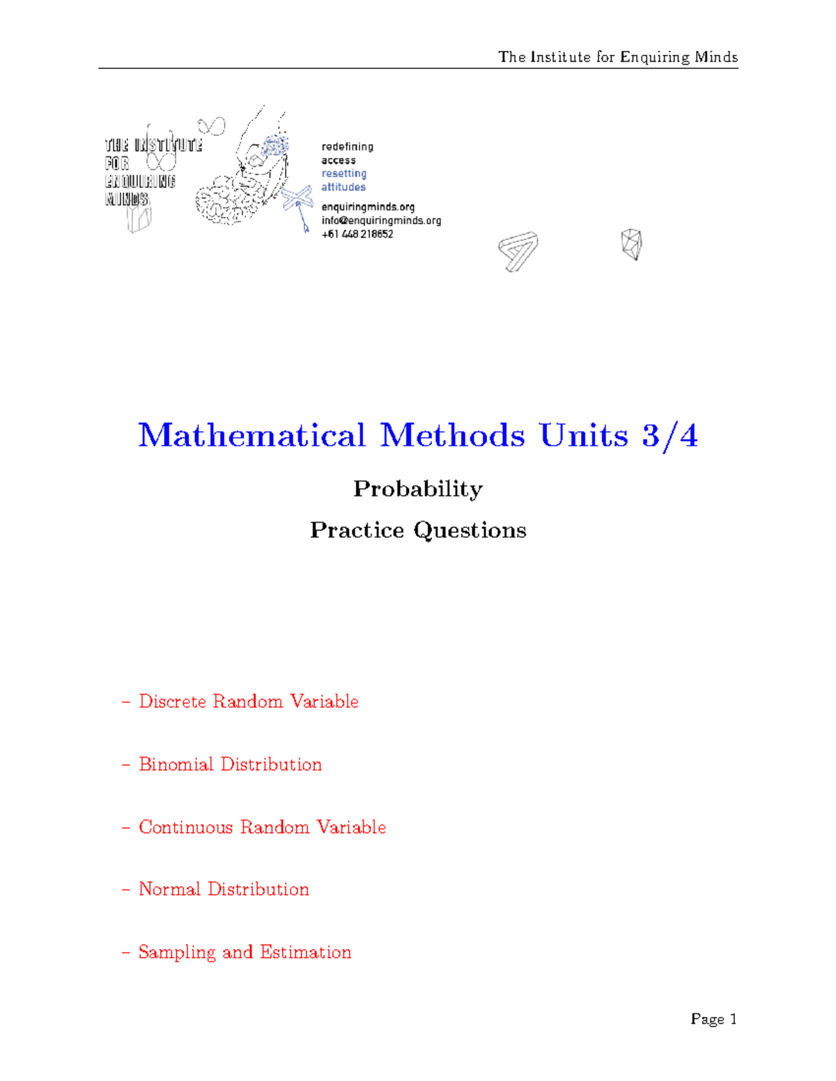 Probability+MM+Questions - Mathematical Methods Units 3/ Probability Practice Questions Discrete ...