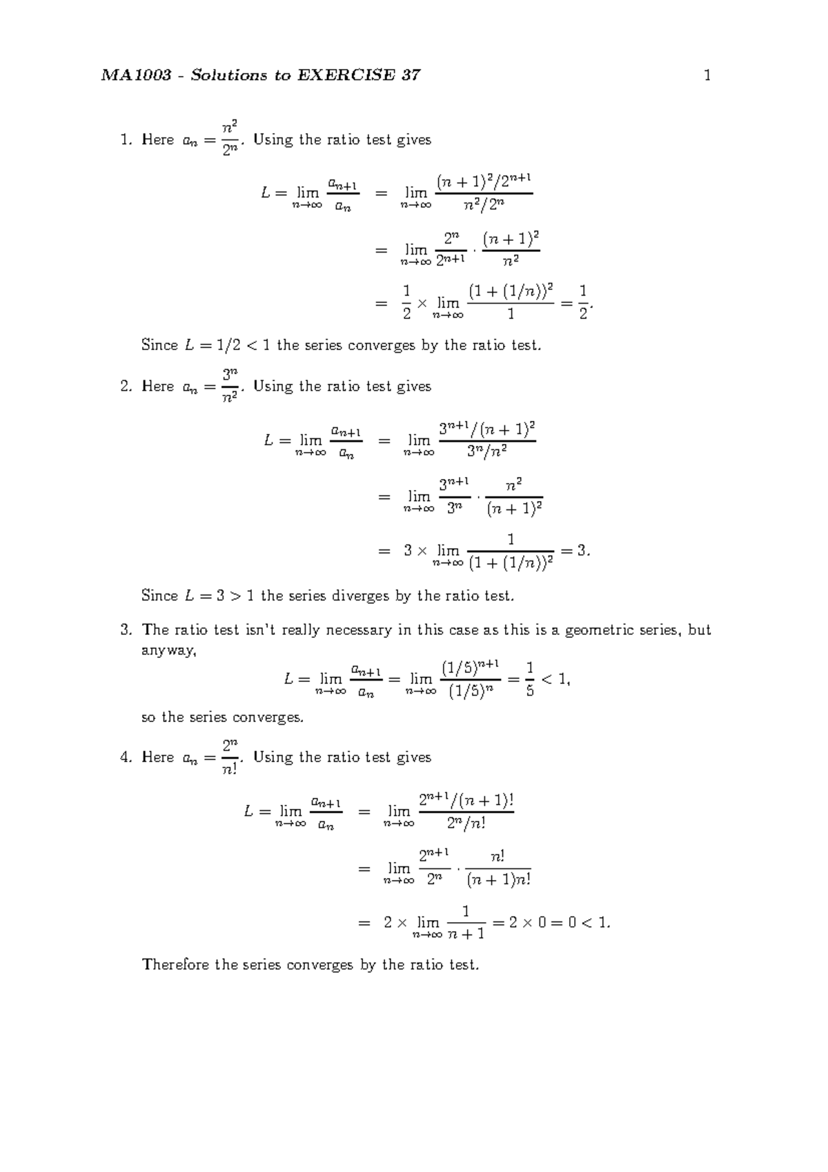 Exercise 37 Solutions - MA1003 - Solutions to EXERCISE 37 1 2 n Here a ...