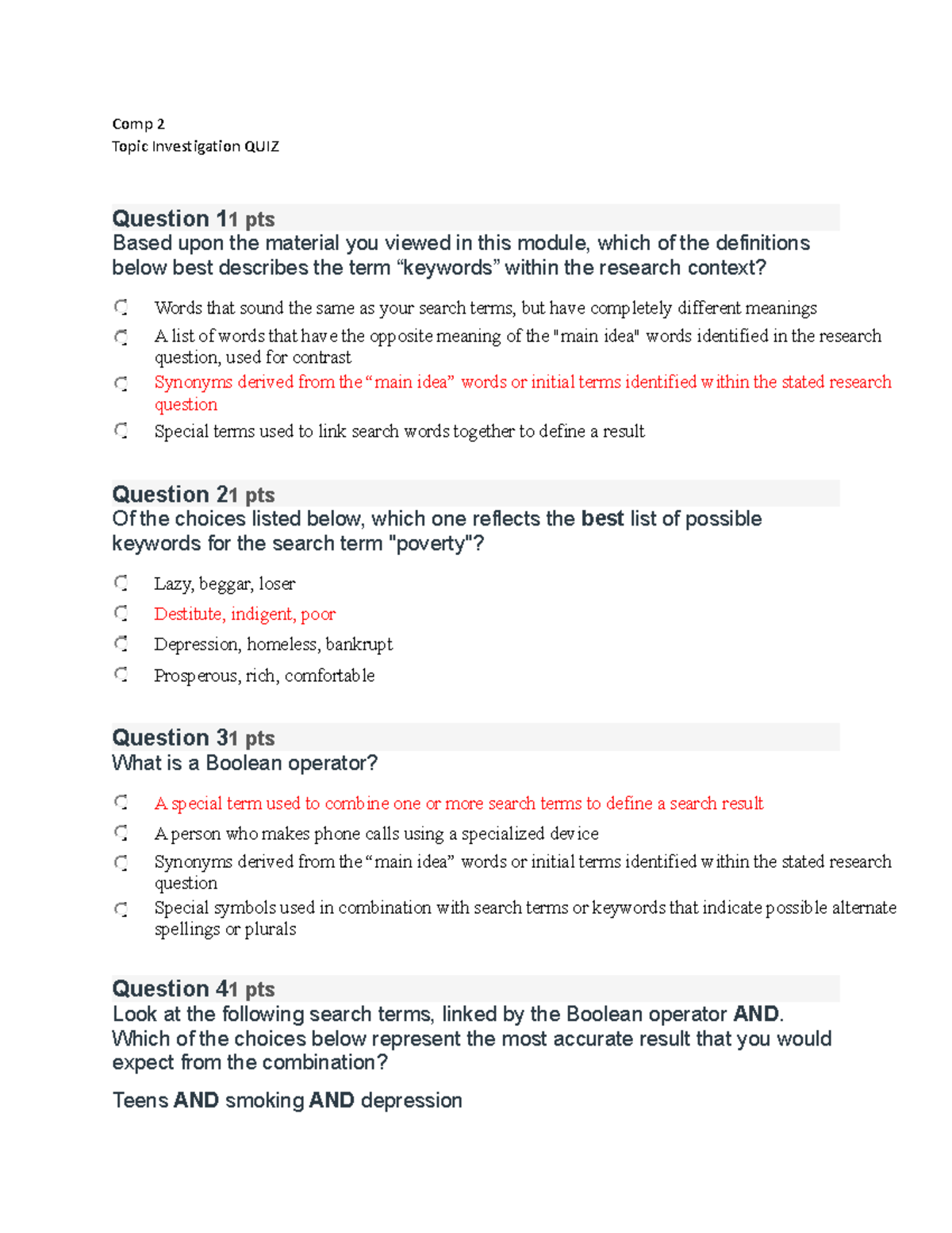 Comp2 - Topic Investigation QUIZ w answers - Comp 2 Topic Investigation ...