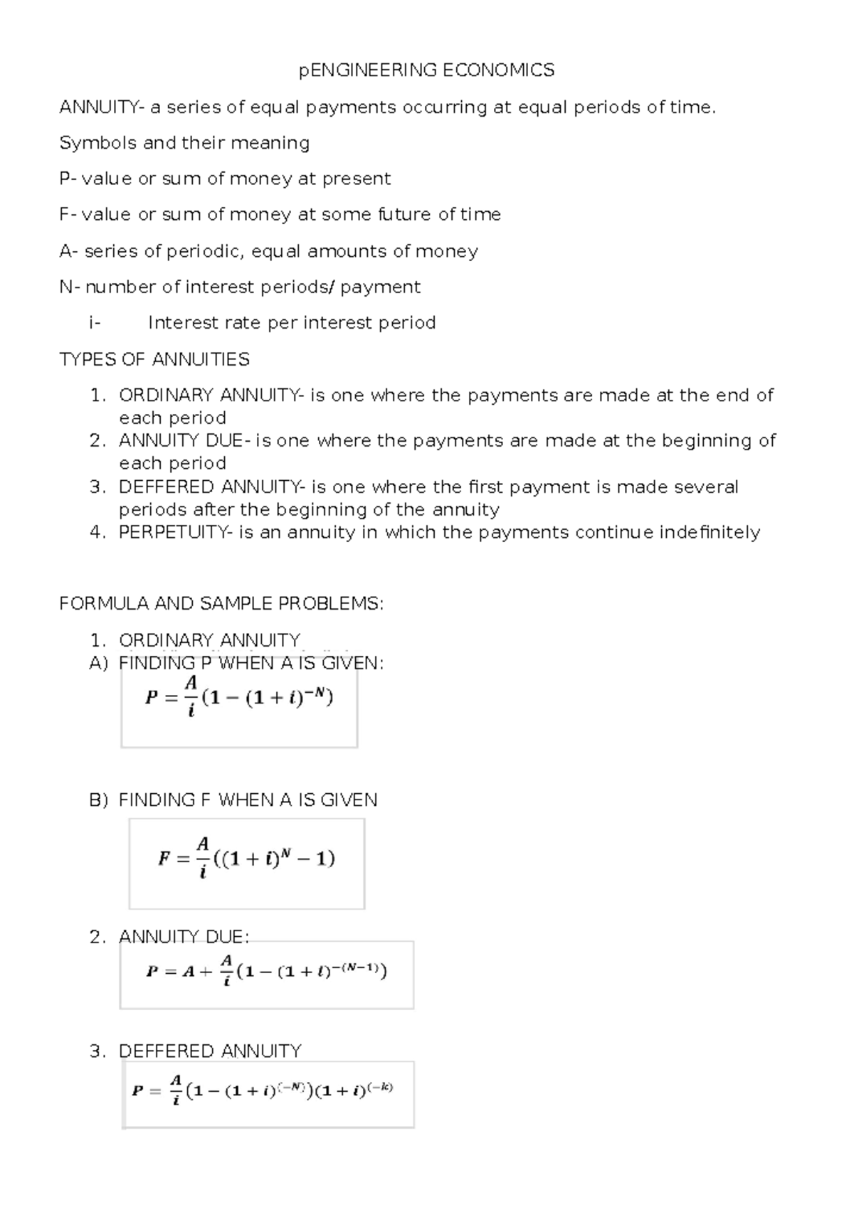 Module 2 Annuity - Summary Economics - pENGINEERING ECONOMICS ANNUITY ...