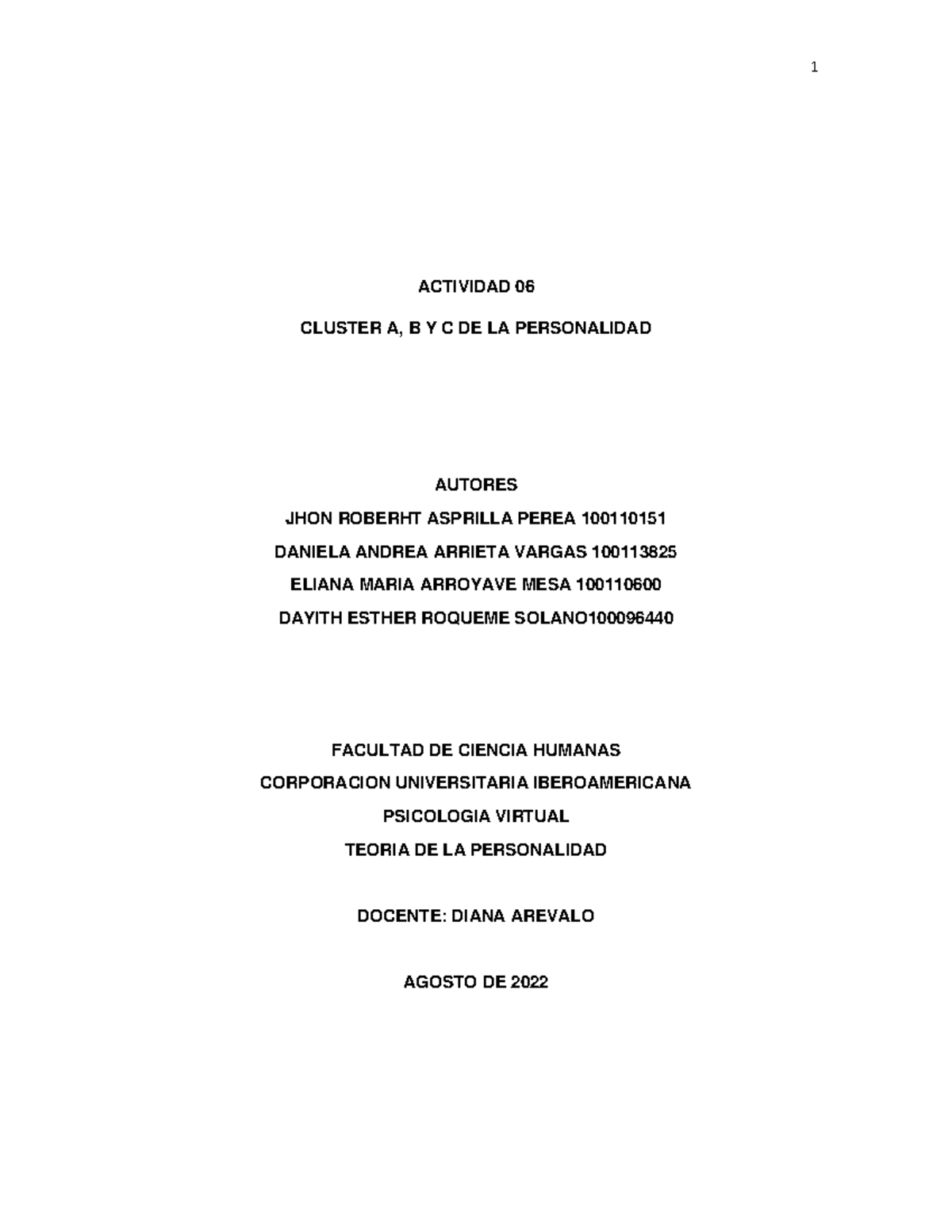 Actividad 06. Teorias de la Personalidad - ACTIVIDAD 06 CLUSTER A, B Y ...