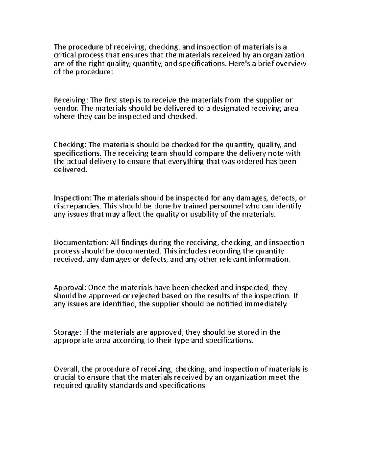 Procedure of receiving, checking and inspection of material - Here's a ...