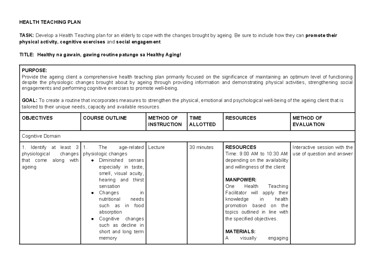 Health Teaching PLAN - HEALTH TEACHING PLAN TASK: Develop a Health ...