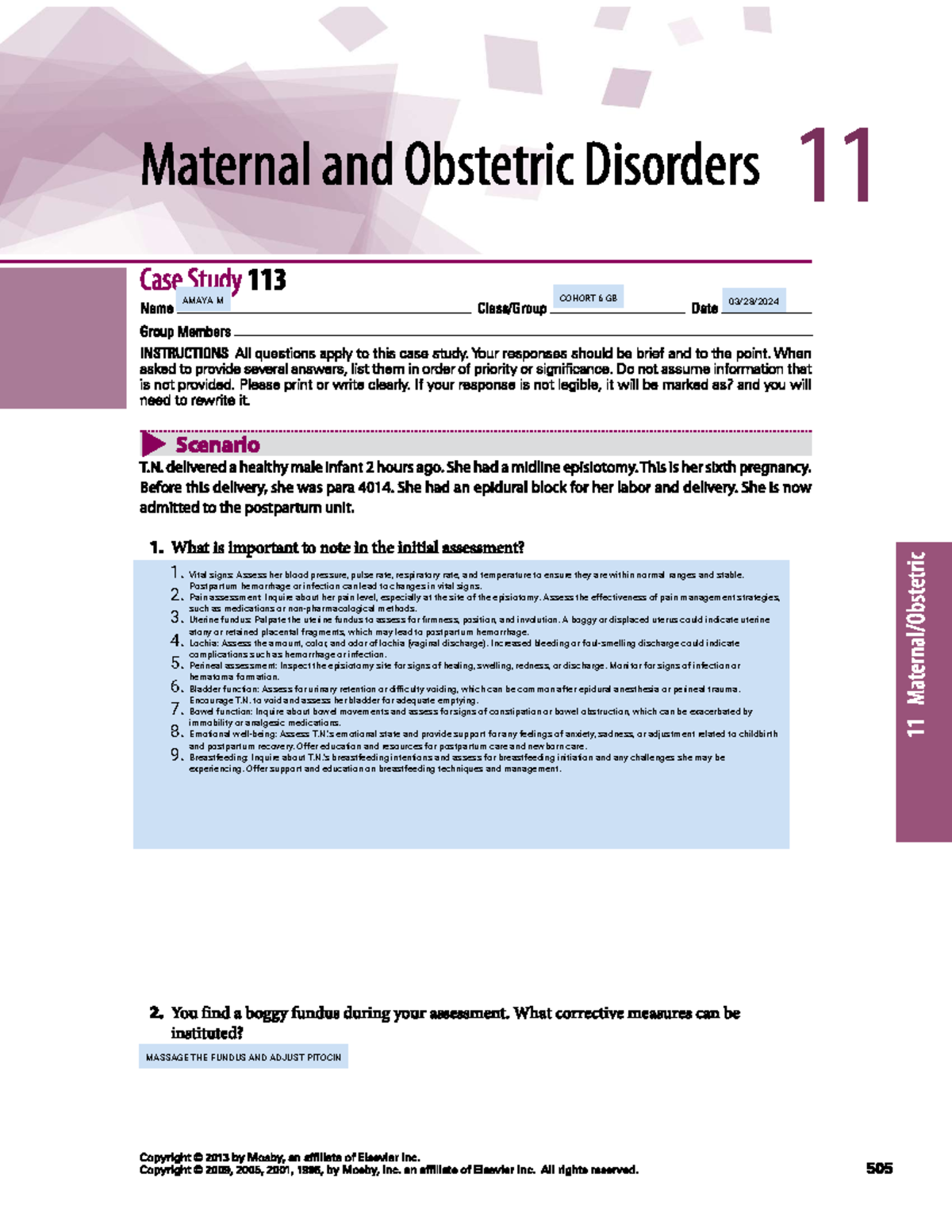 113CS - HOMEWORK - Maternal and Obstetric Disorders Case Study 113 Name Group Members Class ...