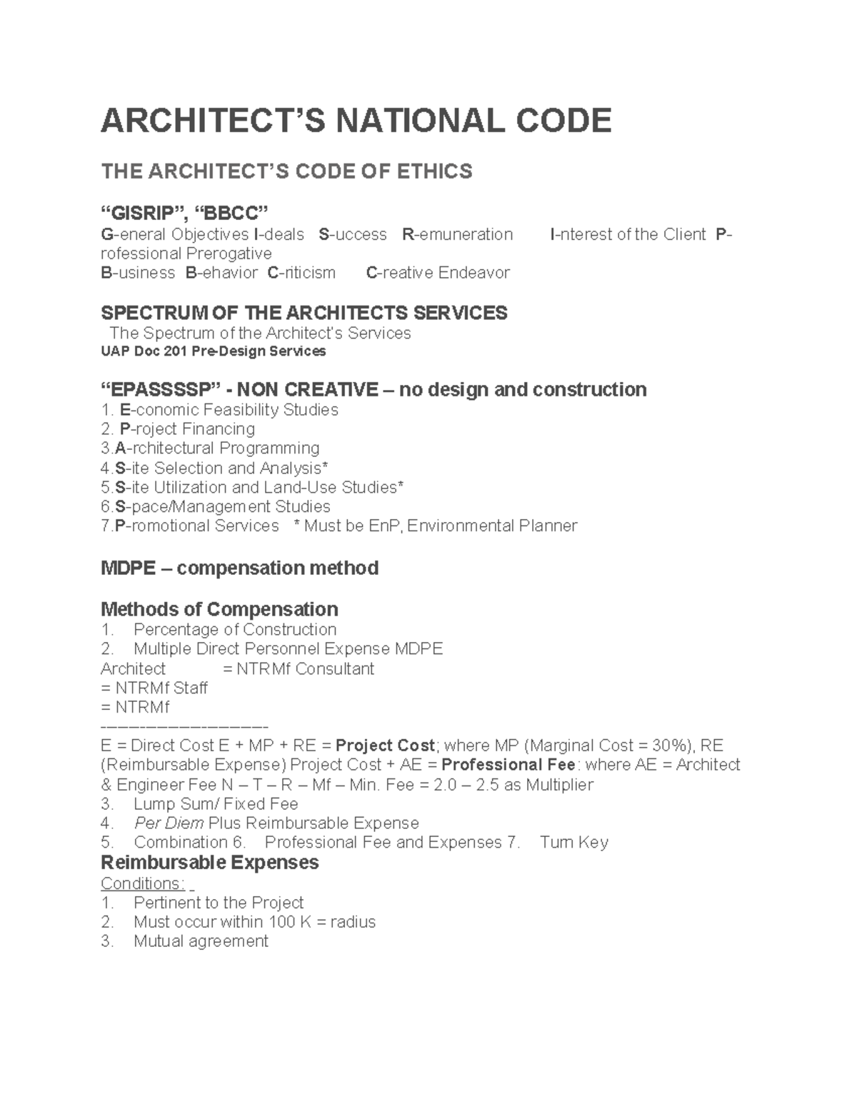 Spp Summarized - ARCHITECT’S NATIONAL CODE THE ARCHITECT’S CODE OF ...