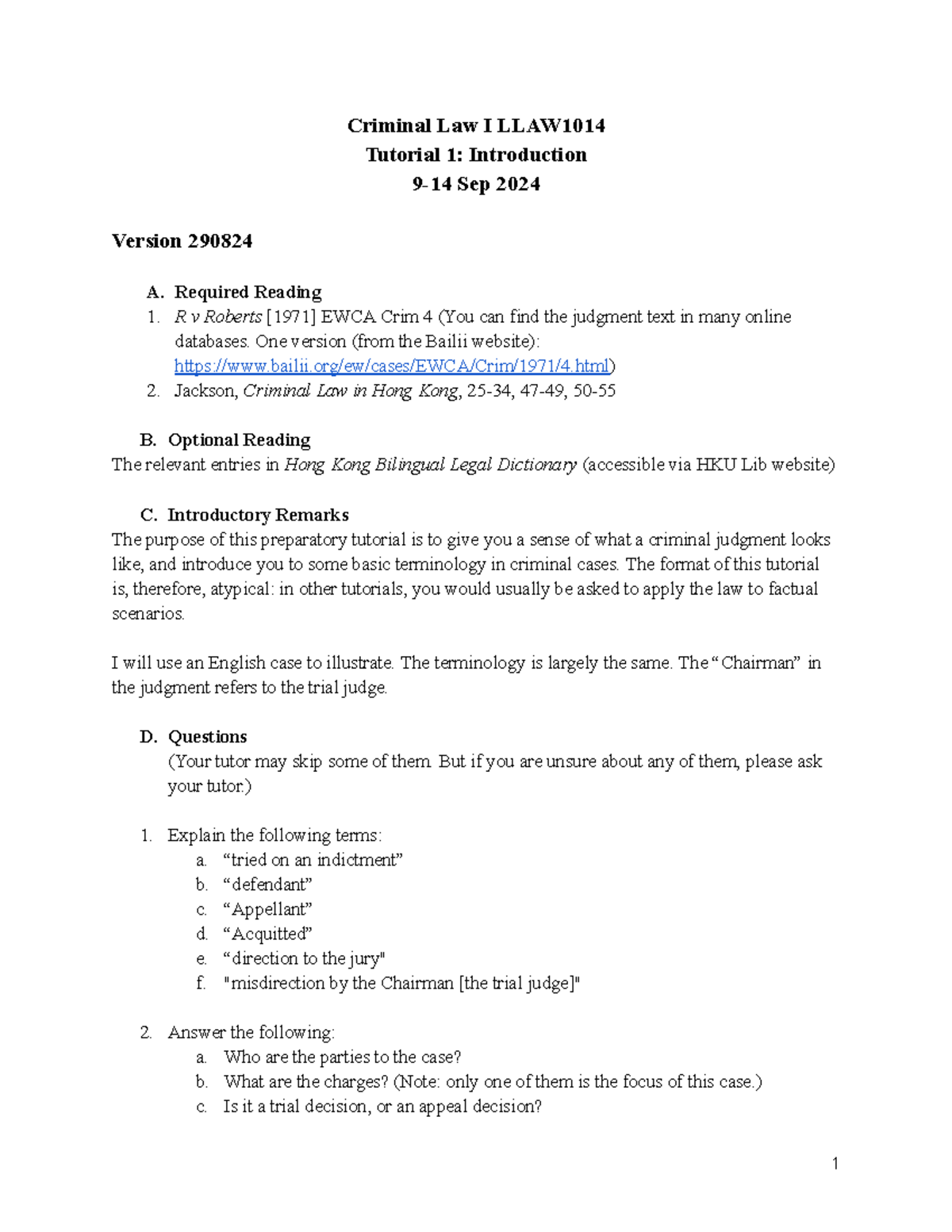 Criminal 2024-25 tutorial 1 - Criminal Law I LLAW Tutorial 1 ...
