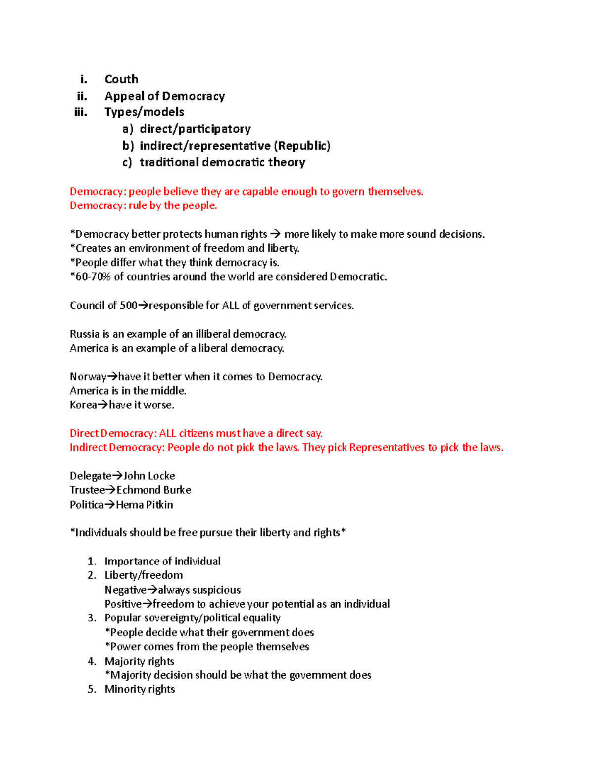Intro to American Government notes - i. Couth ii. Appeal of Democracy ...