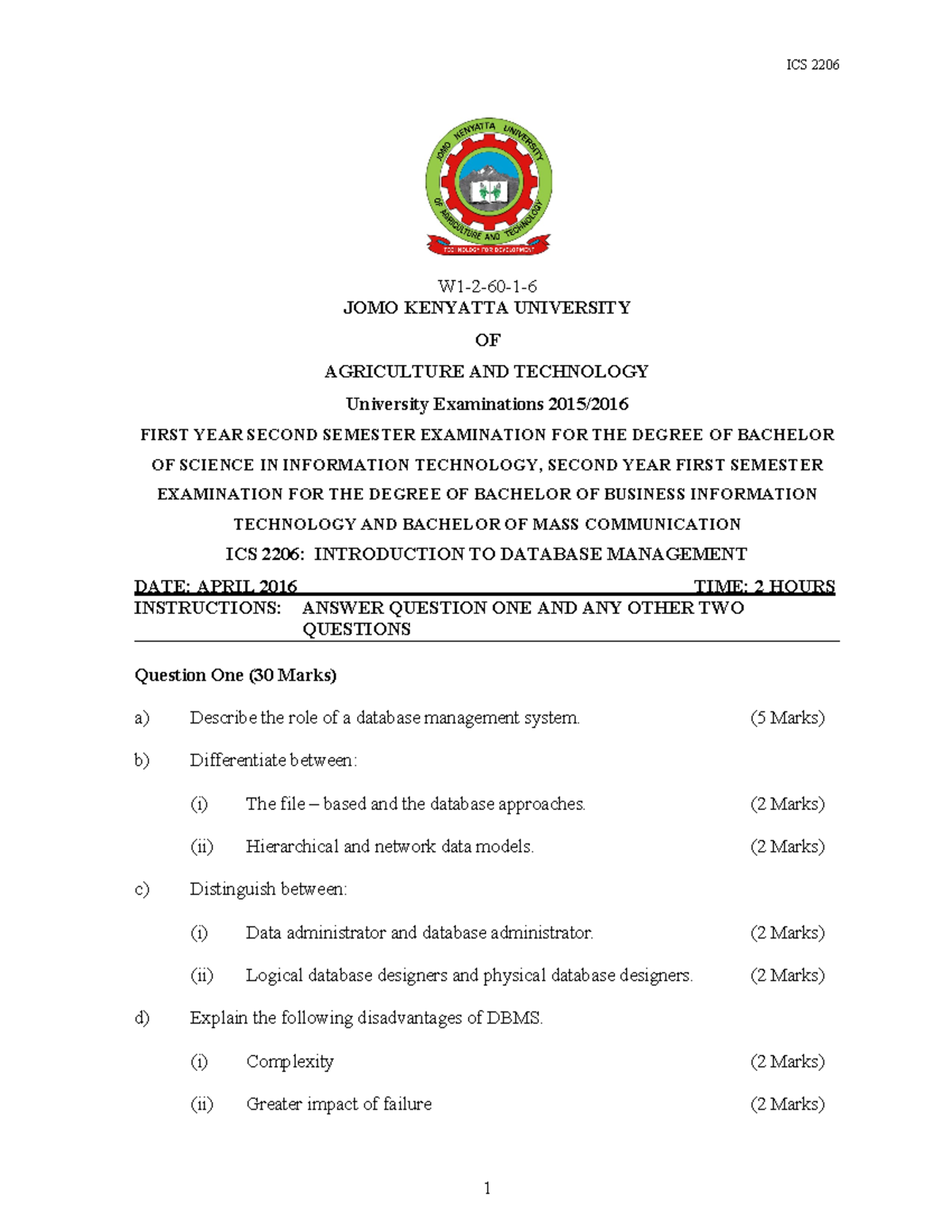 ICS 2206 Introduction TO Database Management - ICS 2206 W1-2-60-1- JOMO ...