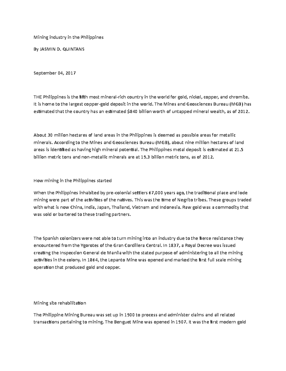 Mining - Grade: A - Mining industry in the Philippines By JASMIN D ...