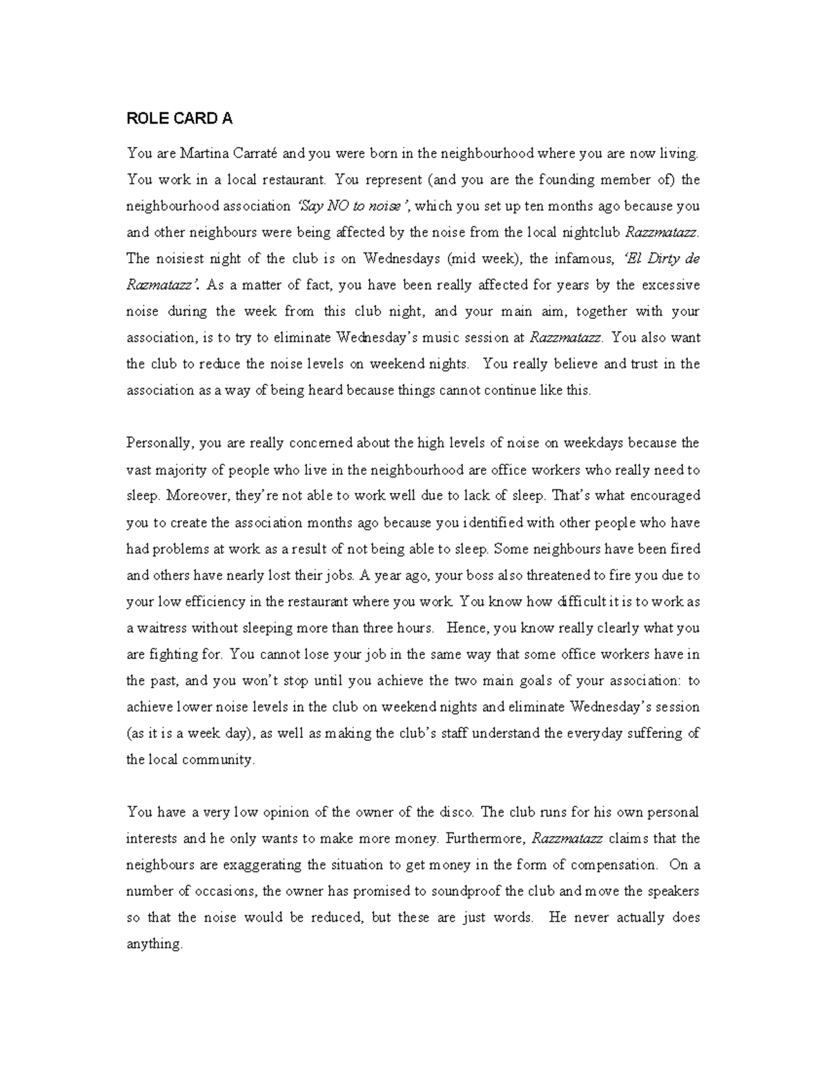 Razzmatazz Role card A PDF - ROLE CARD A You are Martina Carraté and ...