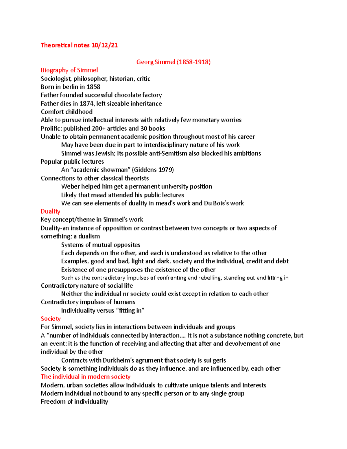 Theoretical notes 10-12-21 - Theoretical notes 10/12/ Georg Simmel ...