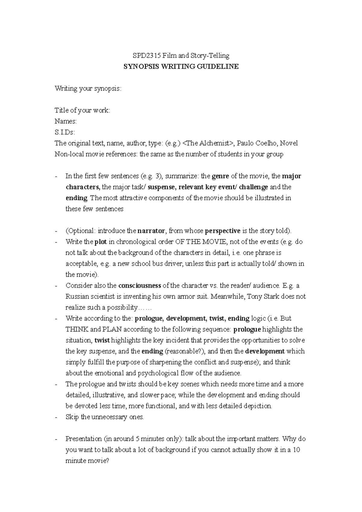 SPD2315 Film and Story Telling Synopsis Guideline - SPD2315 Film and ...