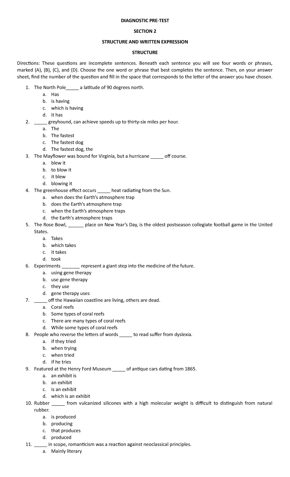 Diagnostic PRE-TEST. Second PART - DIAGNOSTIC PRE-TEST SECTION 2 ...
