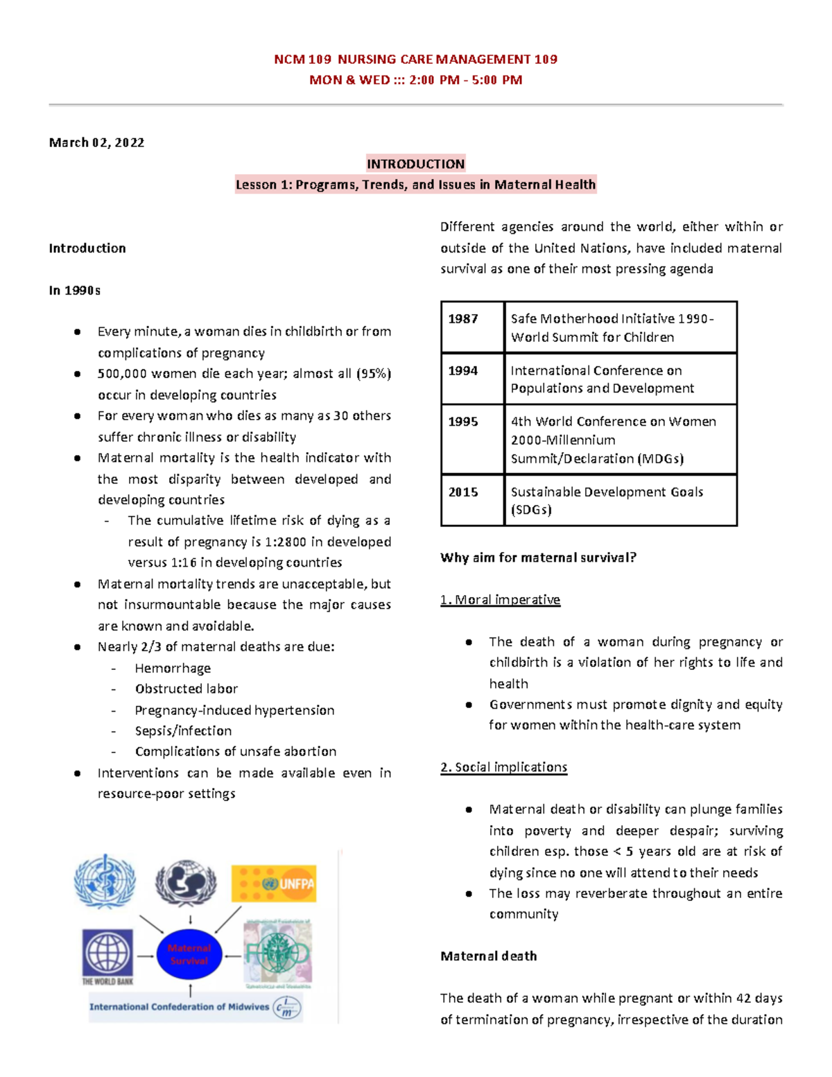 Maternal and Child Health Nursing Notes - NCM 109 NURSING CARE ...