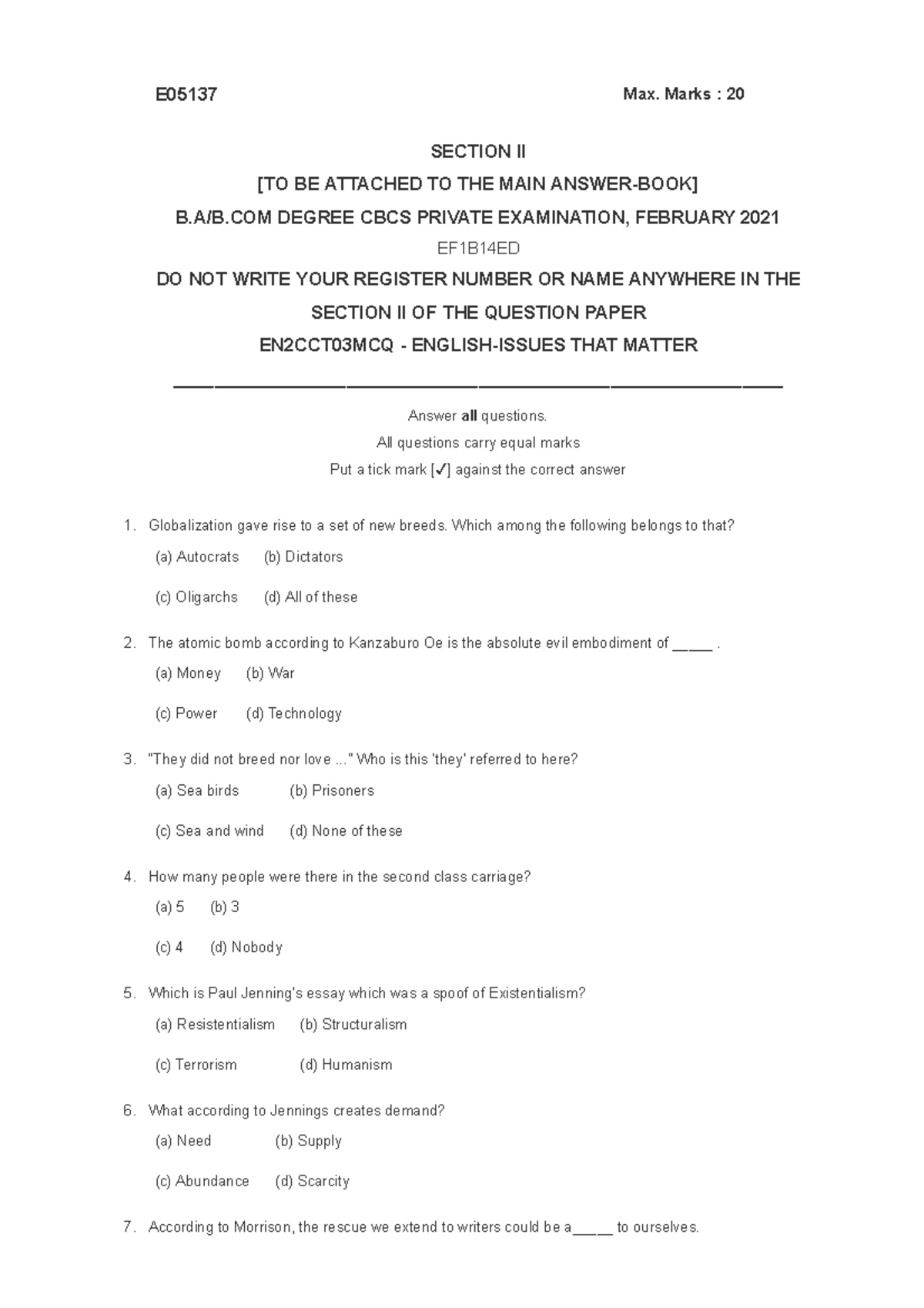 Ba bcom 2 sem english issues that matter e 05137 v2 feb 2021 - E05137 Max. Marks : 20 SECTION II ...