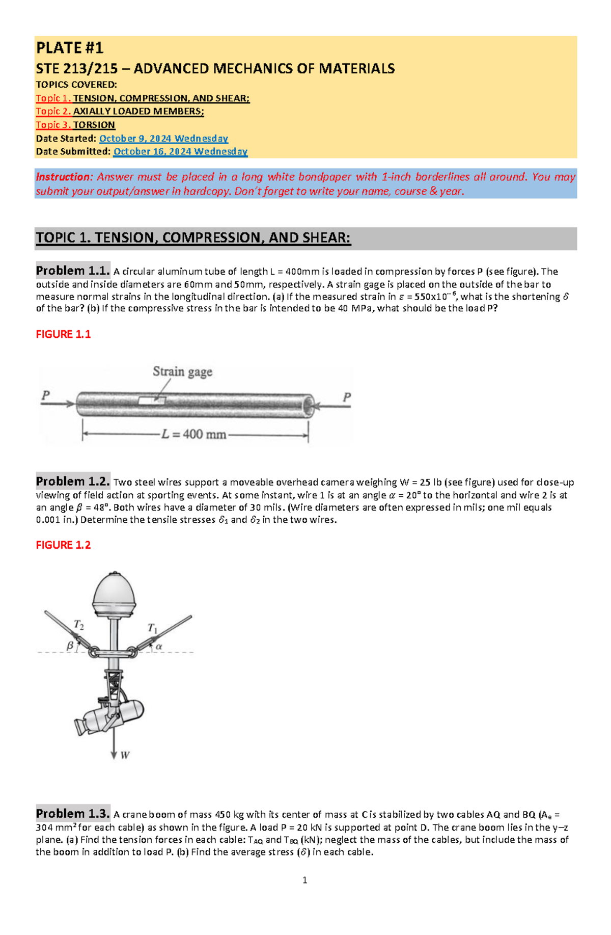 Plate 1 STE 213 or 215 Advanvced Mechanics of materials - PLATE STE 213 ...