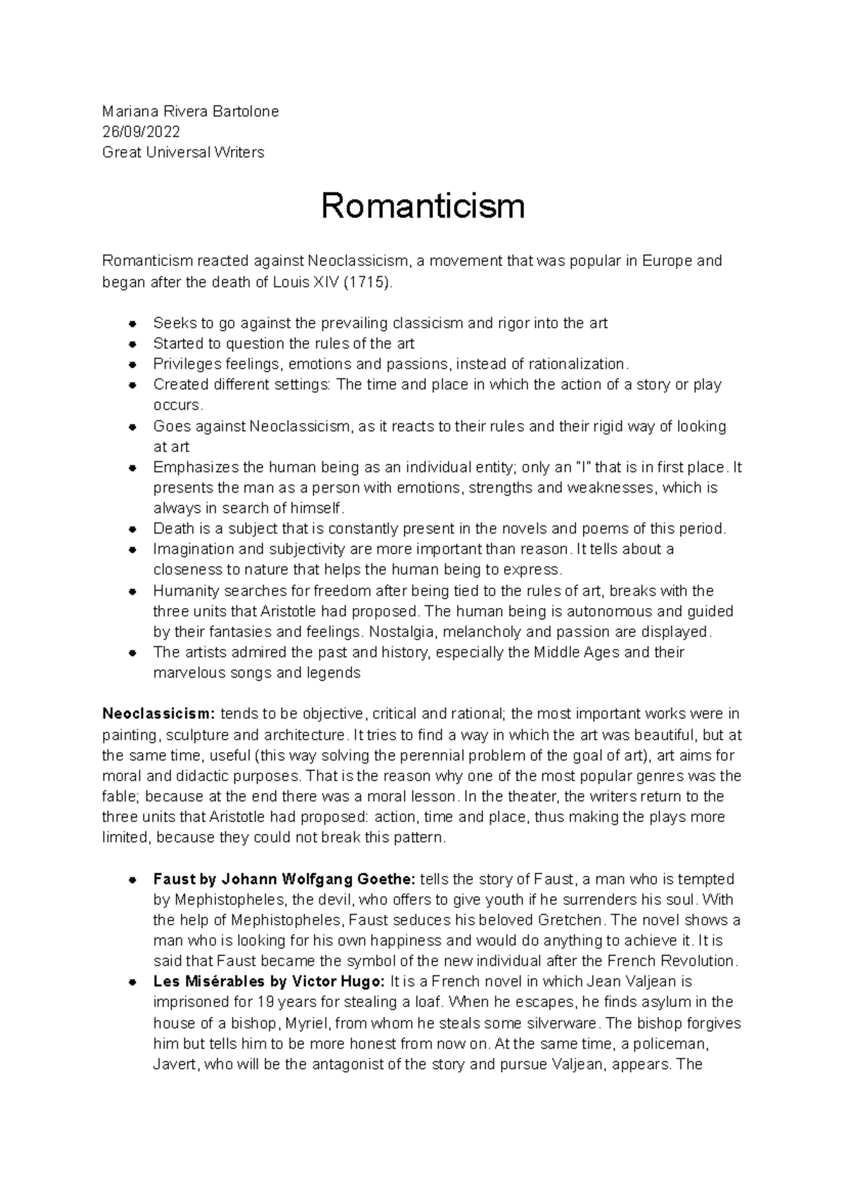 Romanticism Summary - .... - Mariana Rivera Bartolone 26/09/ Great Universal Writers Romanticism ...