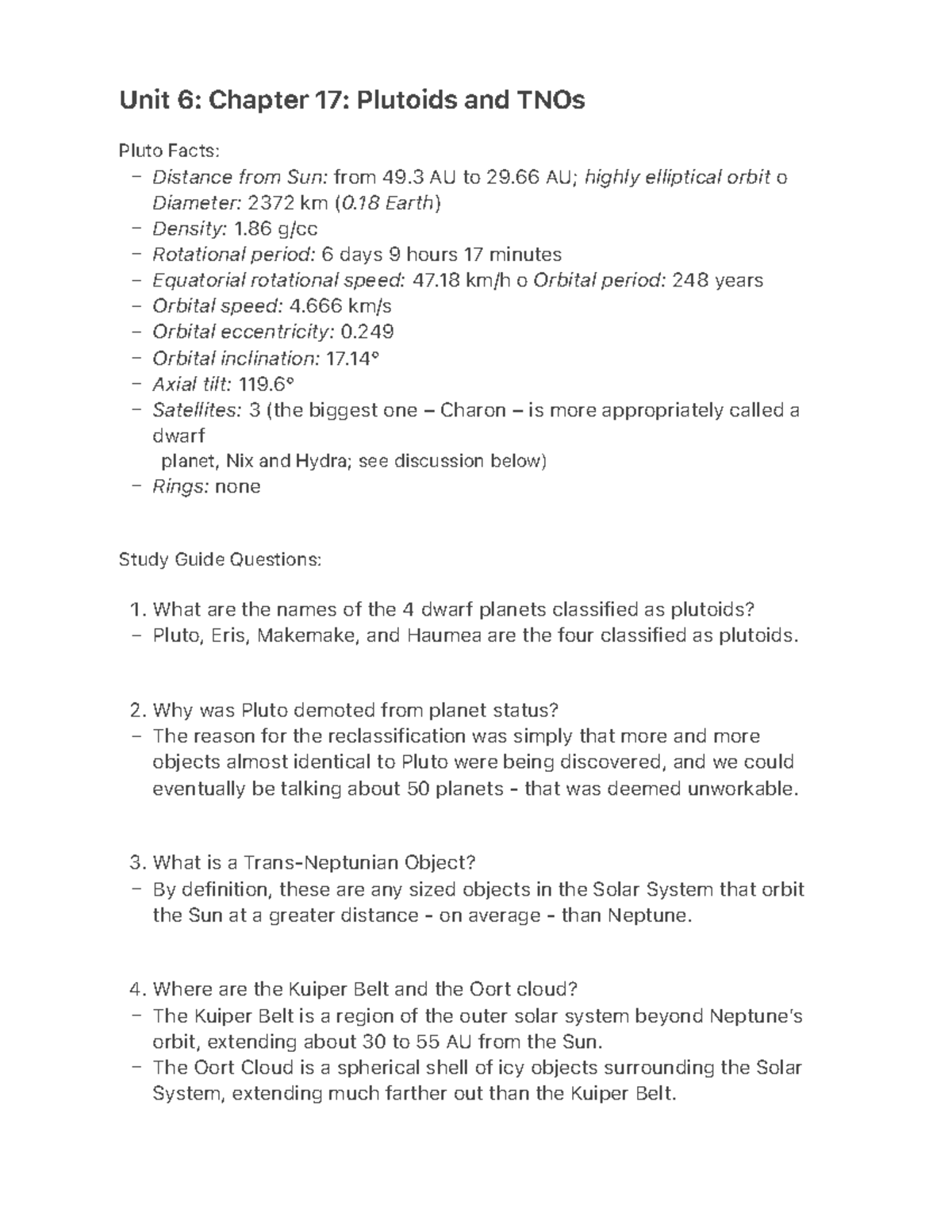 Unit 6: Chapter 17: Plutoids and TNOs - – – – – – – – – – Unit 6 ...