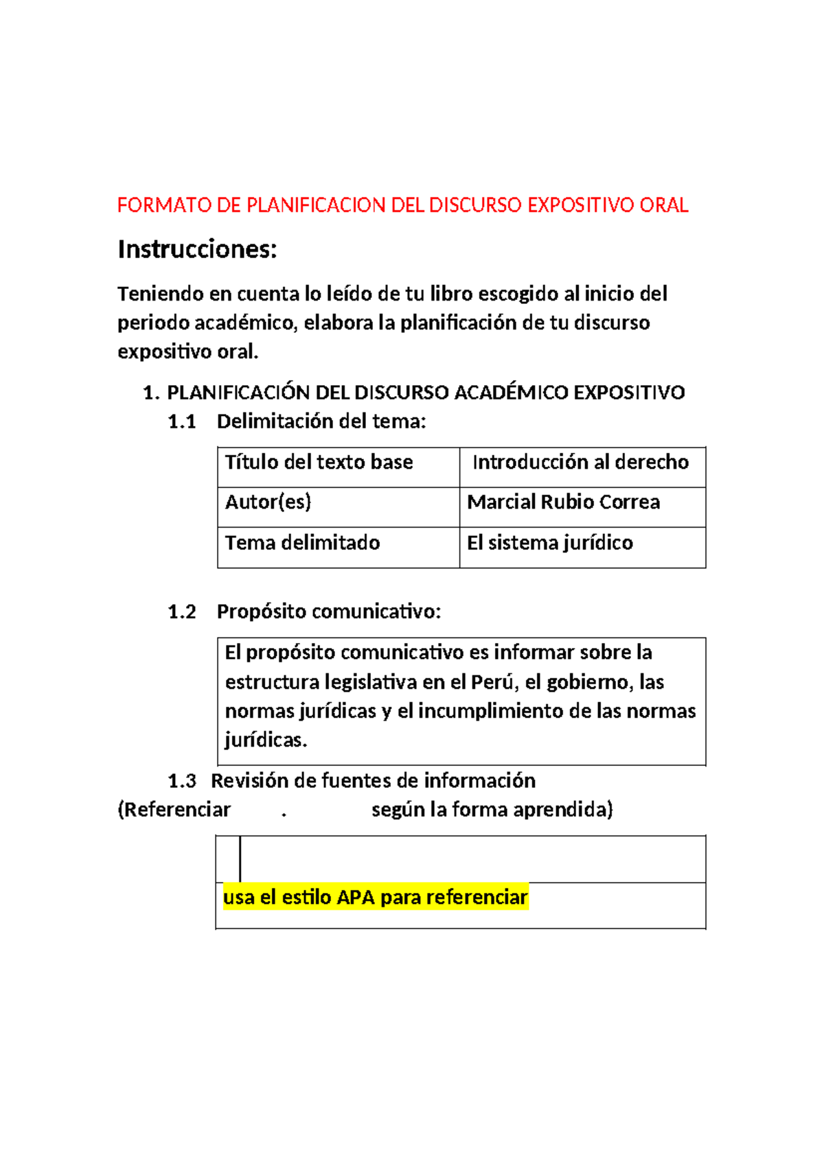 Comunicación Efectiva - FORMATO DE PLANIFICACION DEL DISCURSO ...
