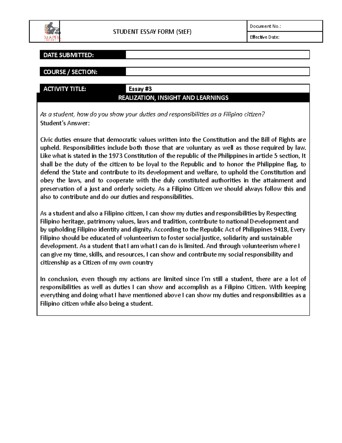 Form - Essay #1 - Goodluck! - STUDENT ESSAY FORM (StEF) Document No ...