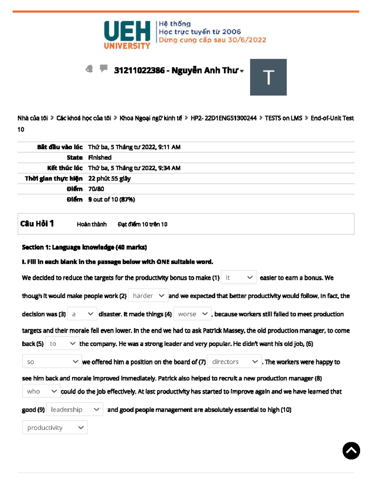 Eou 10 - EOF 10. - Tiếng Anh HP2 - Đại học kinh tế TPHCM - Studocu