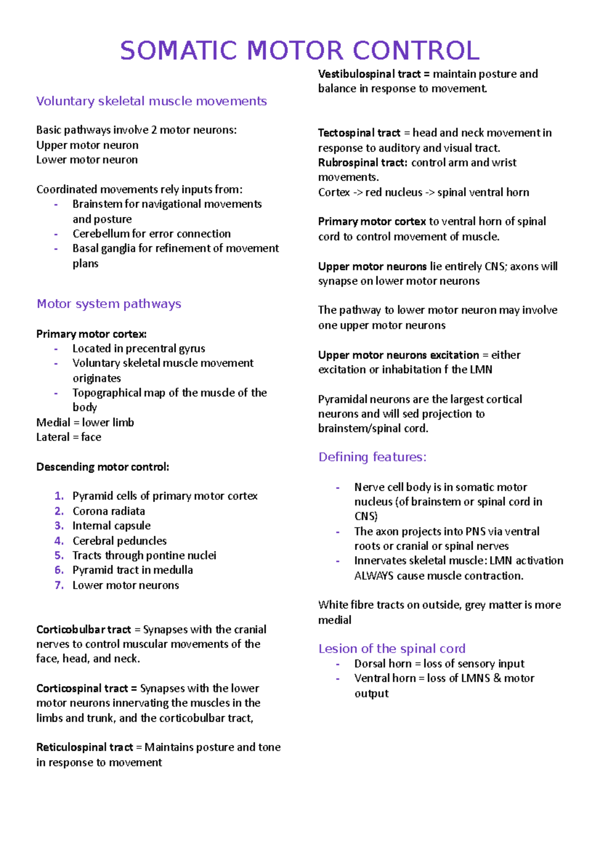 Somatic Motor Control - notes - SOMATIC MOTOR CONTROL Voluntary ...