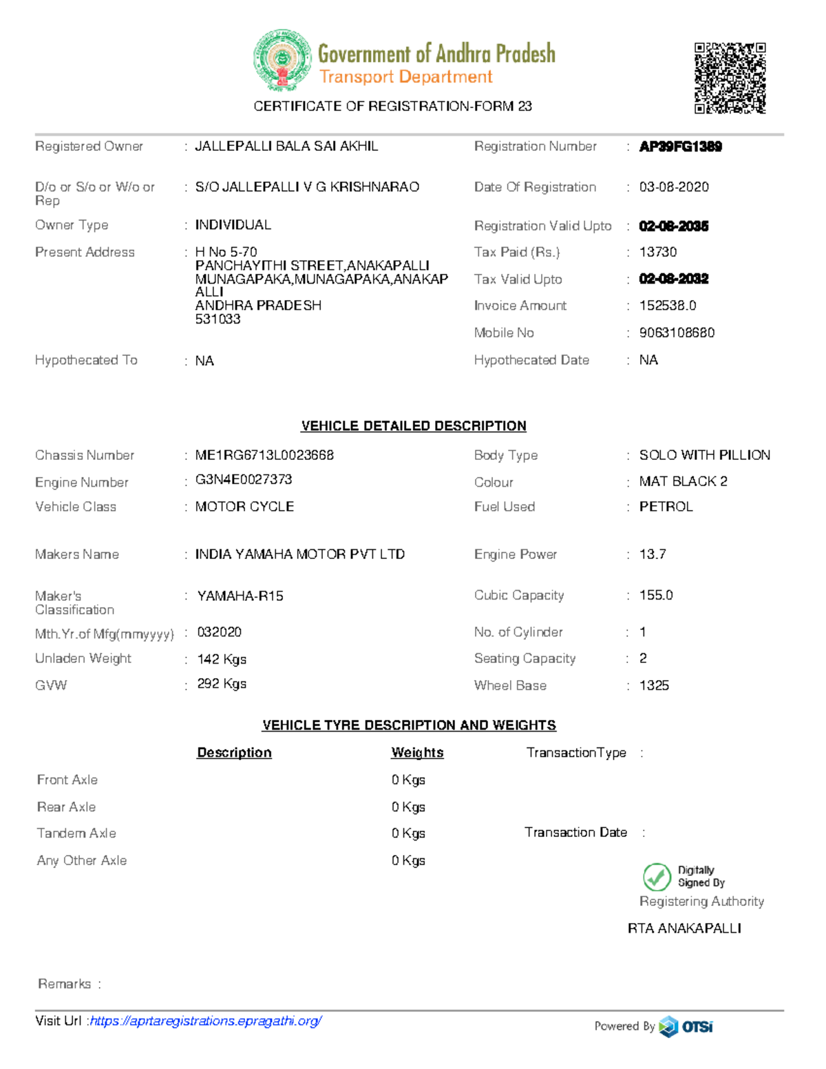 AP0311124432020 - Registered Owner JALLEPALLI BALA SAI AKHIL ...