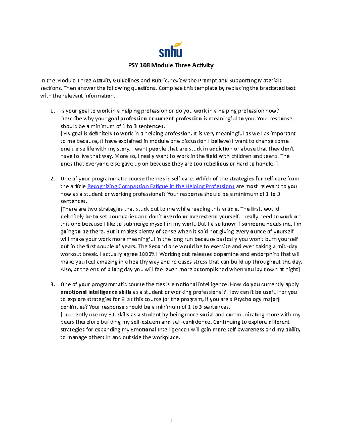 PSY 108 Module 3-2 Activity - PSY 108 Module Three Activity In the Module Three Activity ...