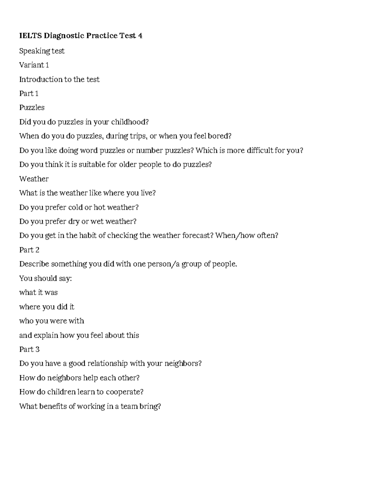 DPT-4 Speaking booklet - Speaking test Variant 1 Introduction to the ...