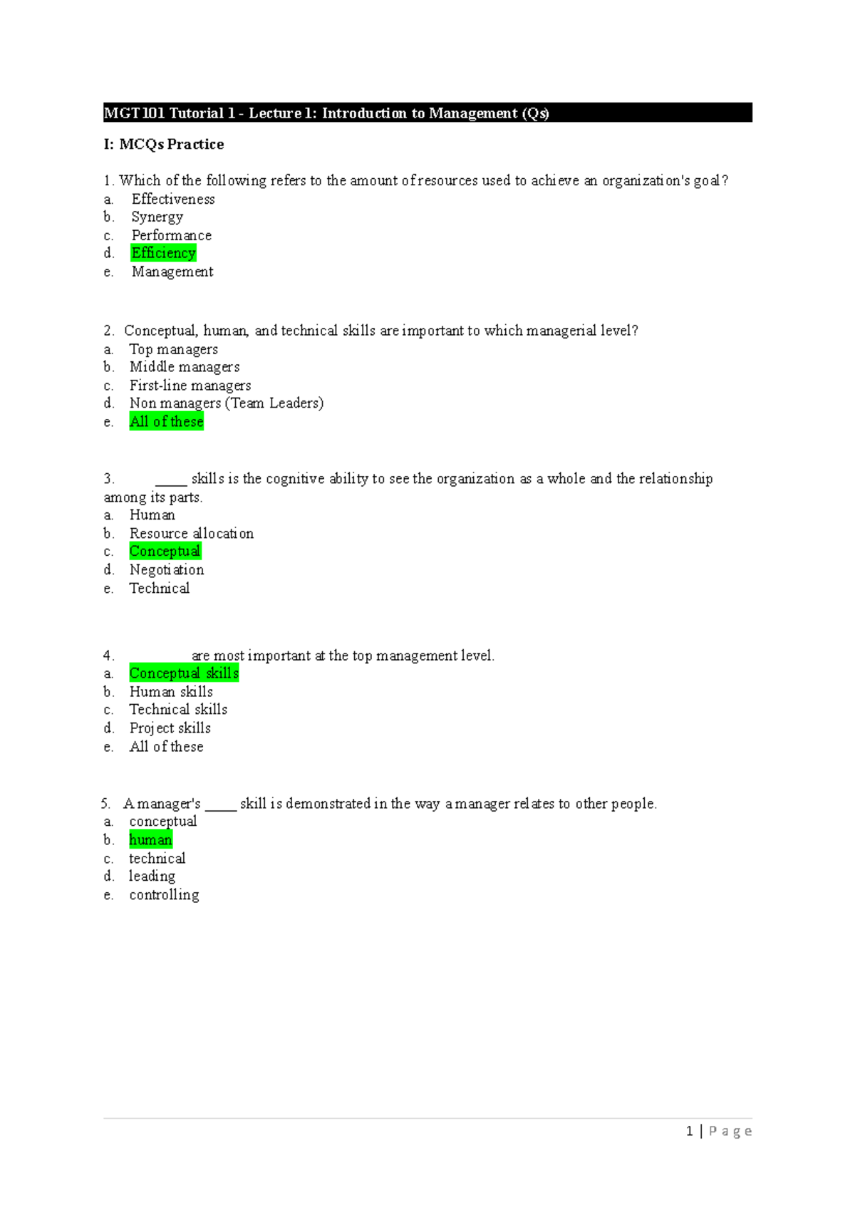 MGT tutorial 1 - MGT101 Tutorial 1 - Lecture 1: Introduction to ...