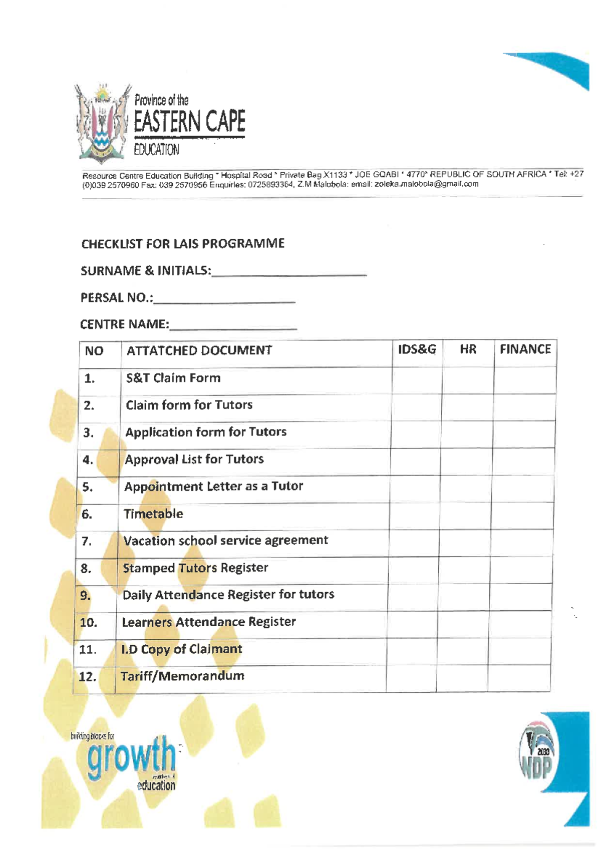 Checklist - Province of the EASTERN CAPE EDUCATION Resource Centre ...